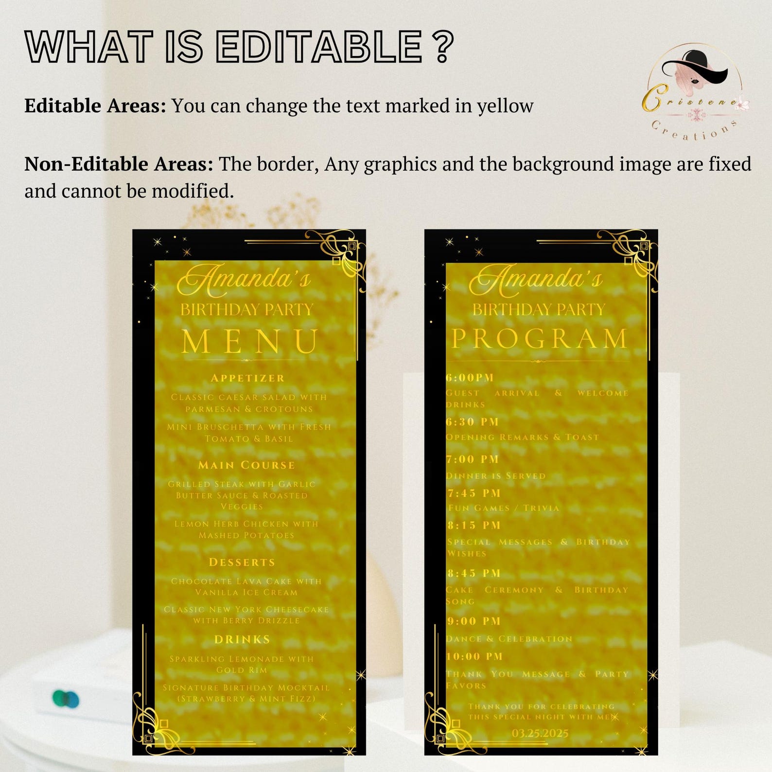 Black Gold Menu and Program Template Birthday Party Menu Cards ...