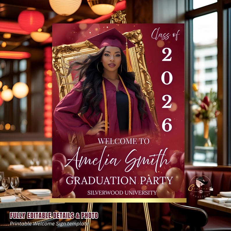 Maroon Graduation Welcome Party Sign, Woman Senior Graduate Poster Sign ...