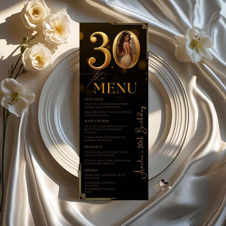 Editable 30th Birthday Dinner Menu Card, Black Gold Party Menu With ...