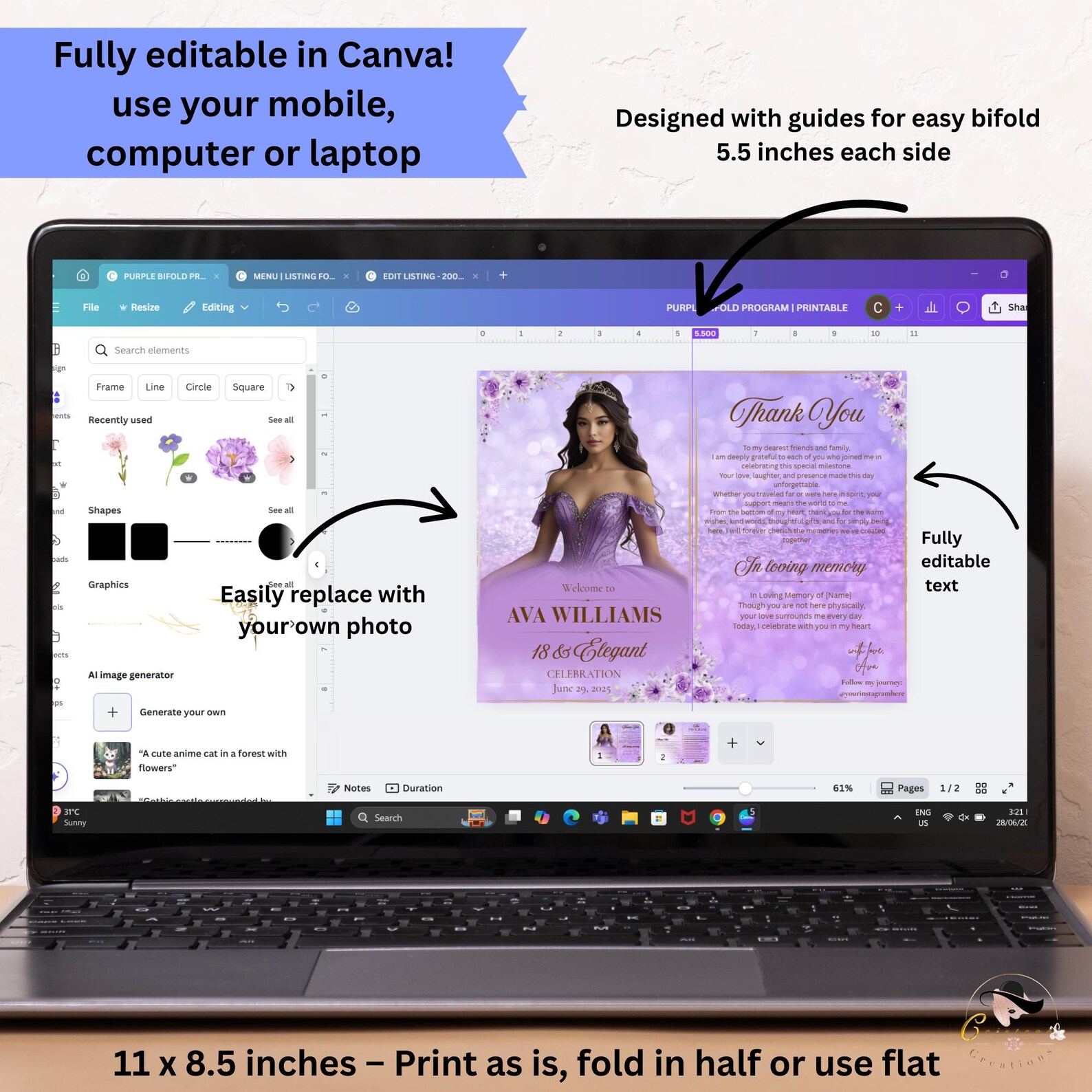 Purple Program Template Birthday Party Program Card Bifold Quinceanera ...