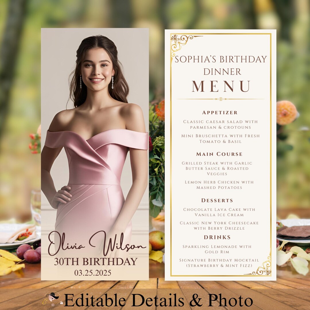Birthday Dinner Menu Template, Printable Dinner Party Menu, White Gold ...