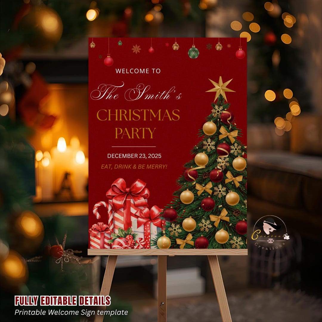Editable Christmas Party Welcome Sign Red Gold Christmas Dinner Sign ...