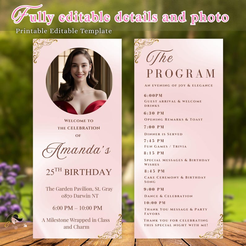 Pink Program Template With Photo, Event Program Card, Birthday Party ...