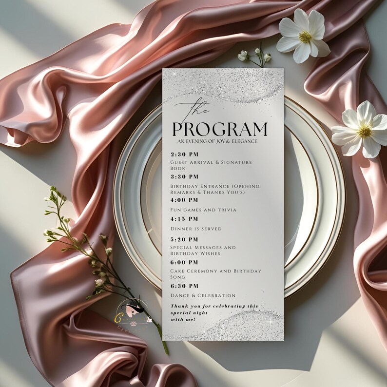 Editable Menu and Program Template White Silver Birthday Dinner Menu ...
