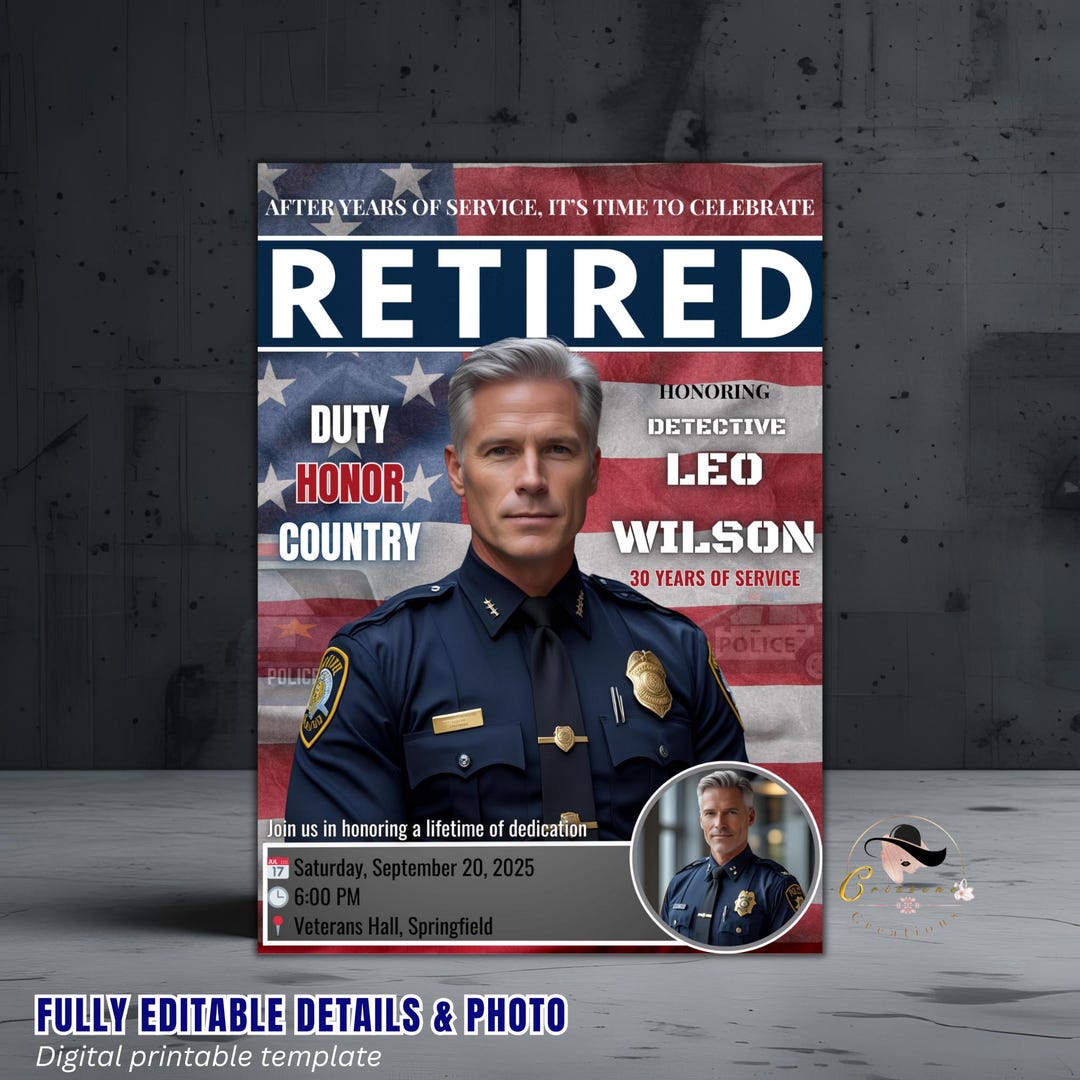 Digital Retirement Party Invitation Men Police Officer Farewell Party ...