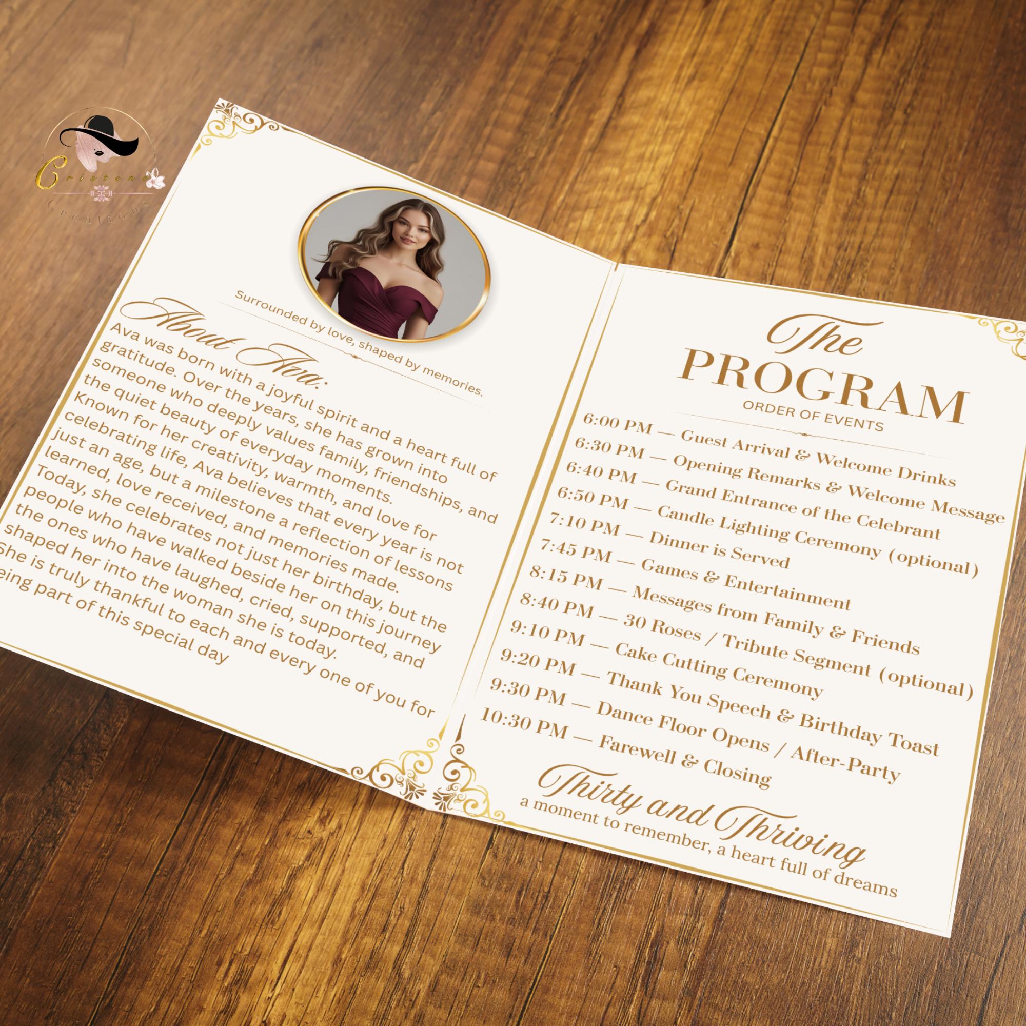 White Gold Birthday Program Card Template, Bifold Retirement Party ...