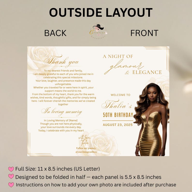 Editable Program Card Template White Gold Bifold Birthday Program With ...