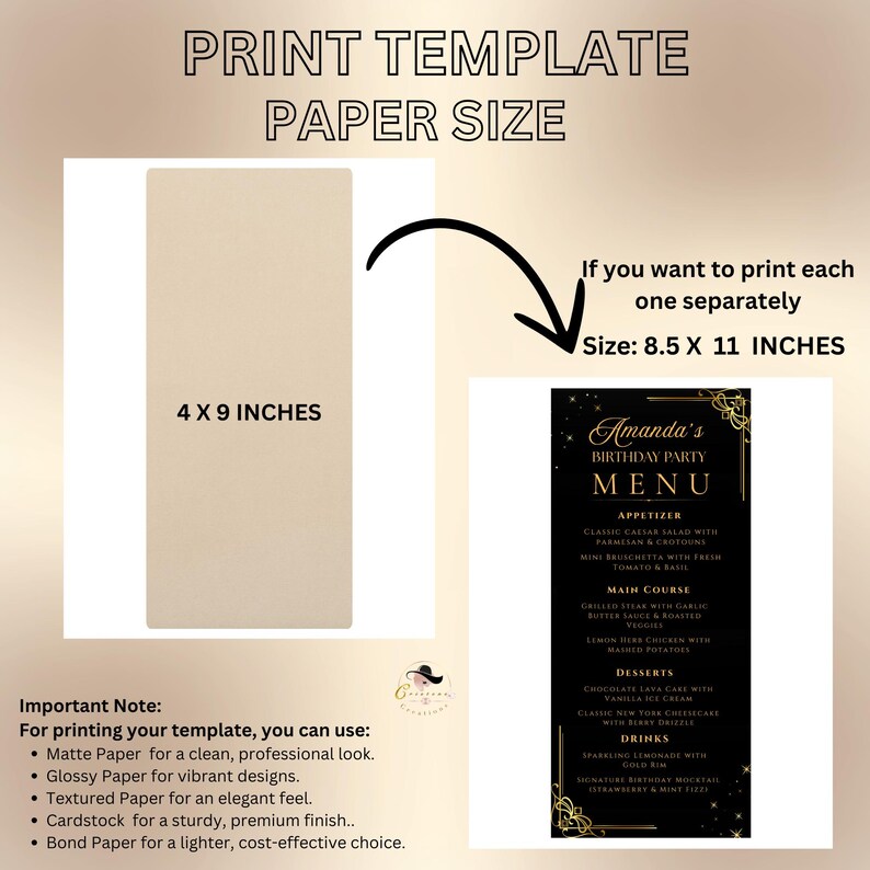 Black Gold Menu and Program Template Birthday Party Menu Cards ...
