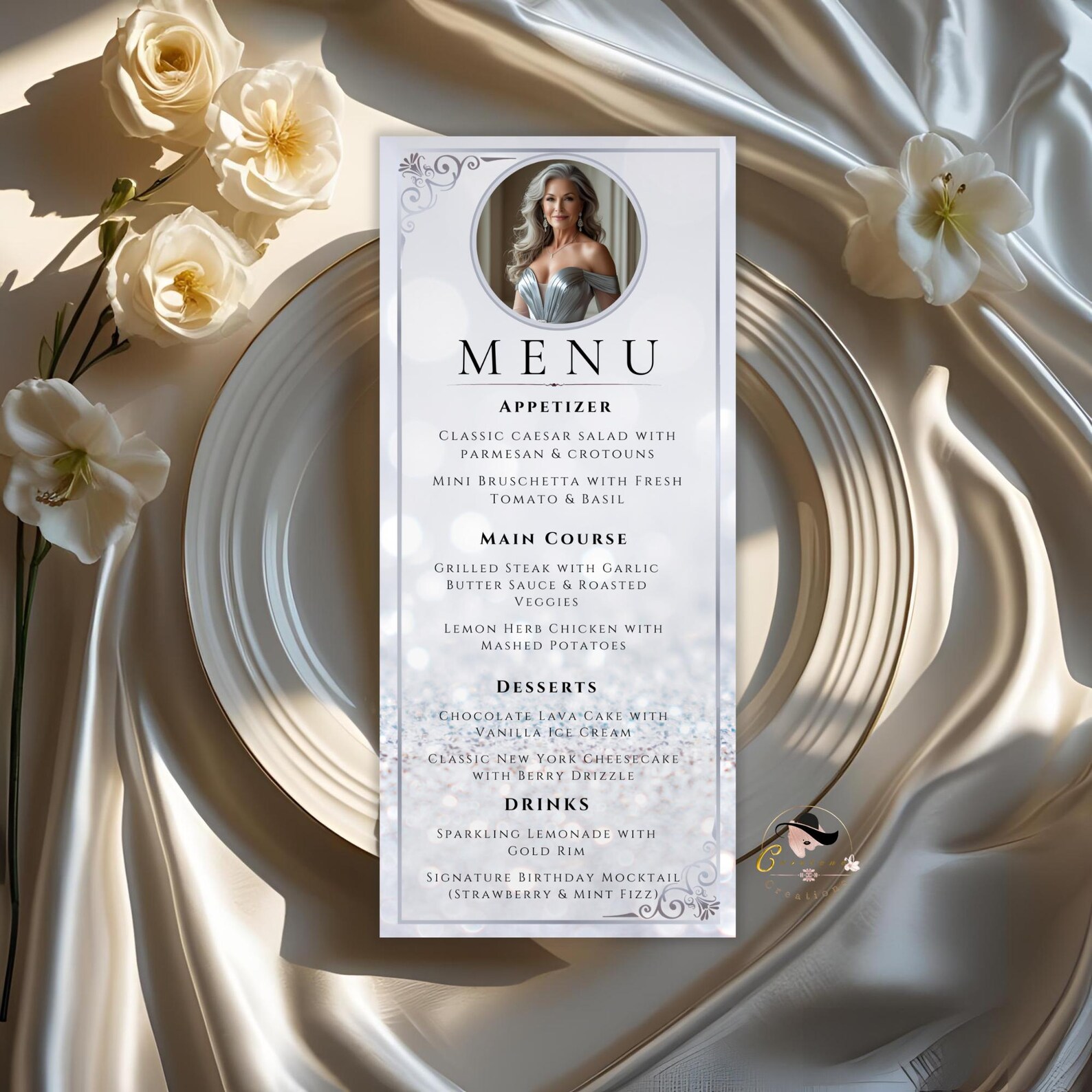 White Silver Menu and Program Template, Dinner Menu Card, Order of ...
