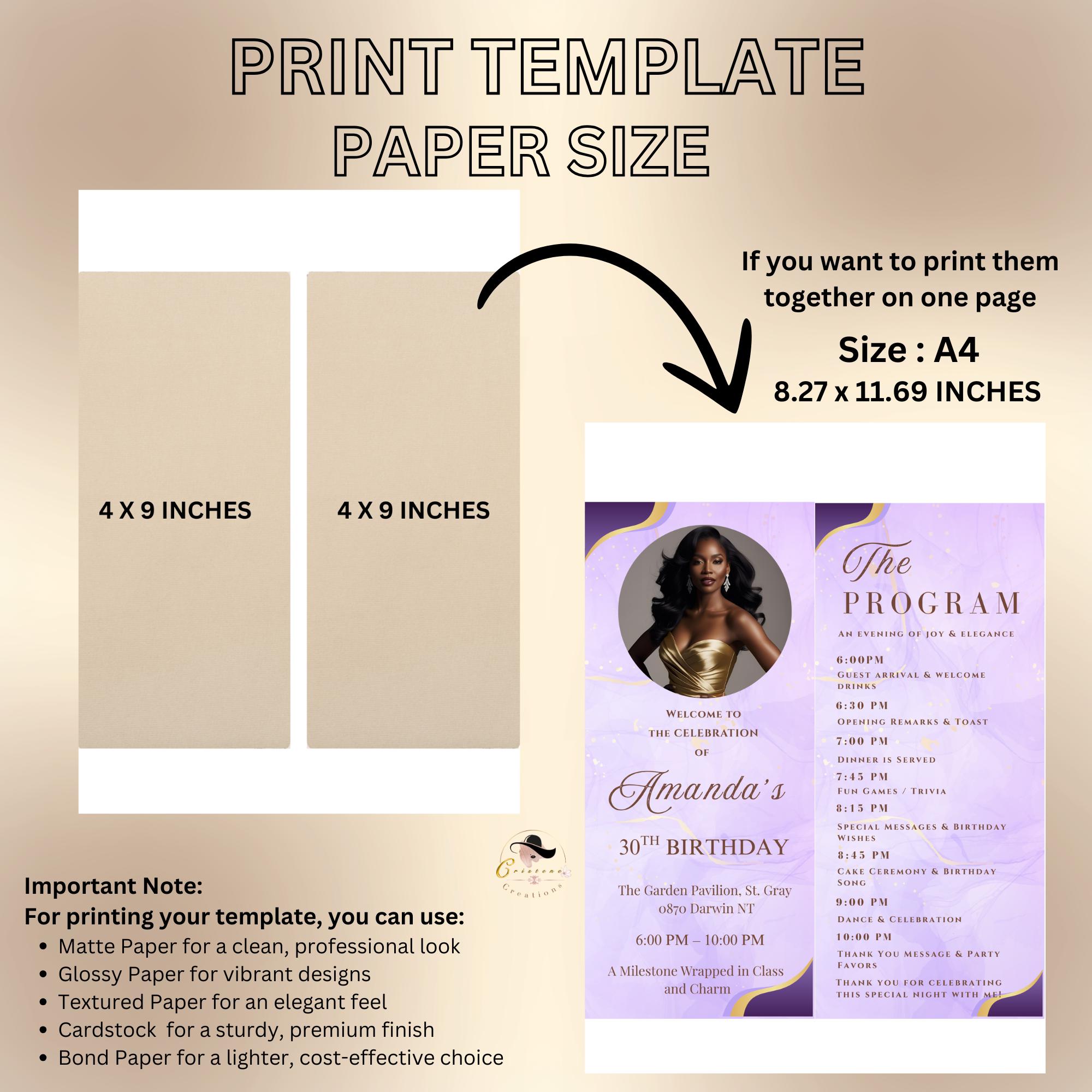 Editable Program Card Template, Purple Birthday Party Program, Formal ...