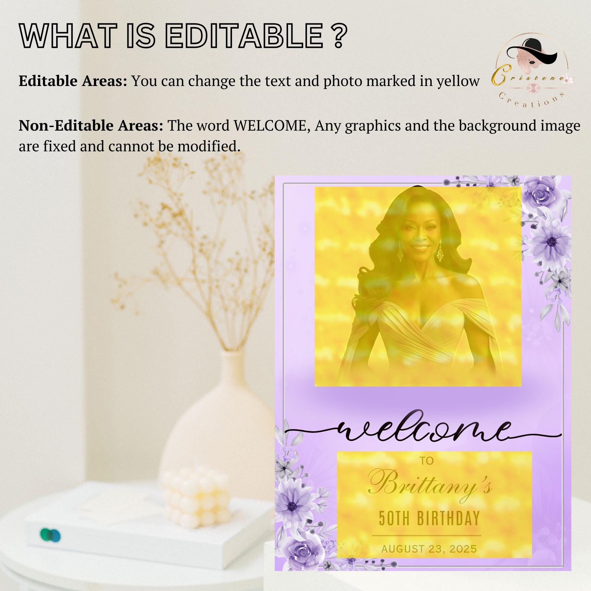 Editable Welcome Party Sign Purple Floral Birthday Dinner Sign ...