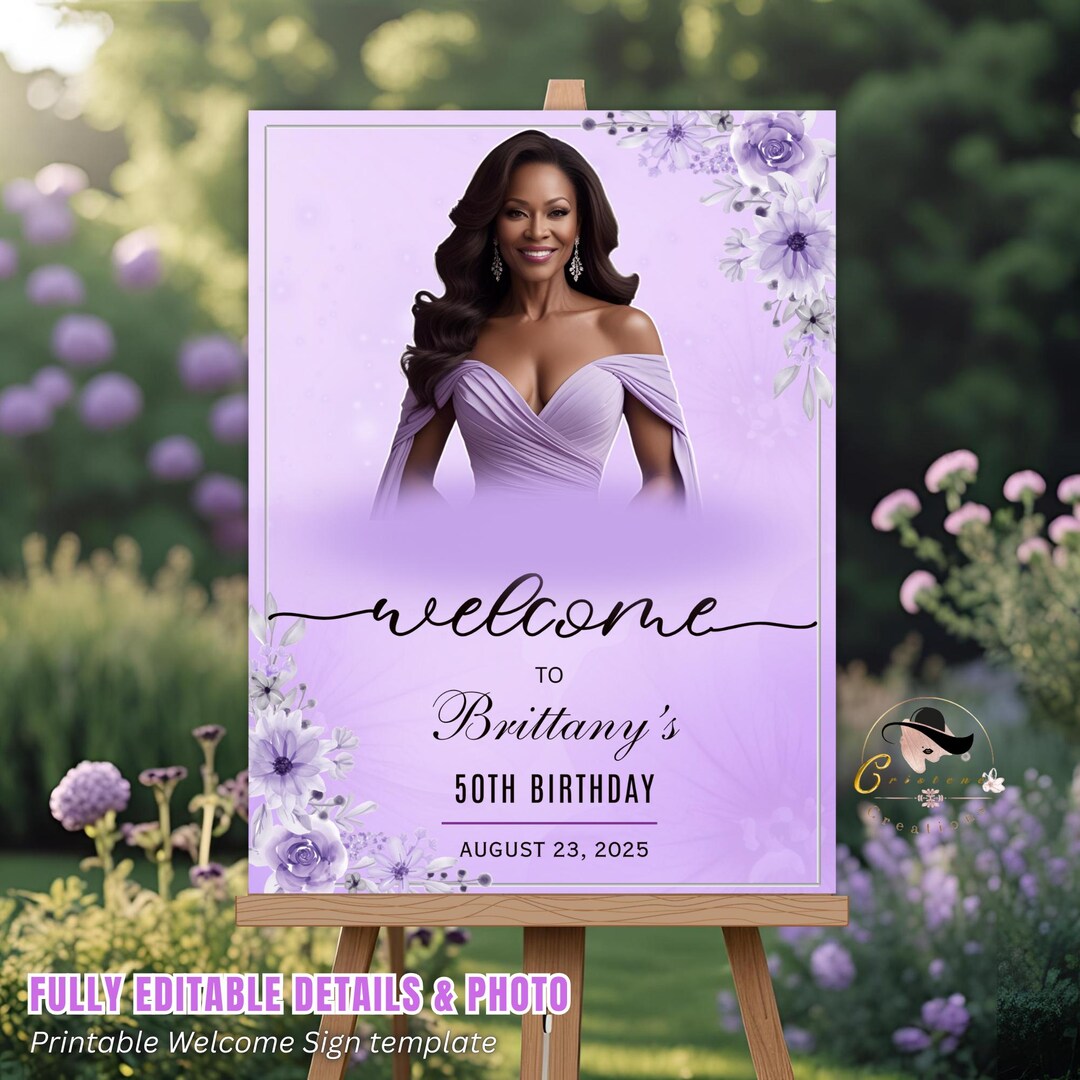 Editable Welcome Party Sign Purple Floral Birthday Dinner Sign ...