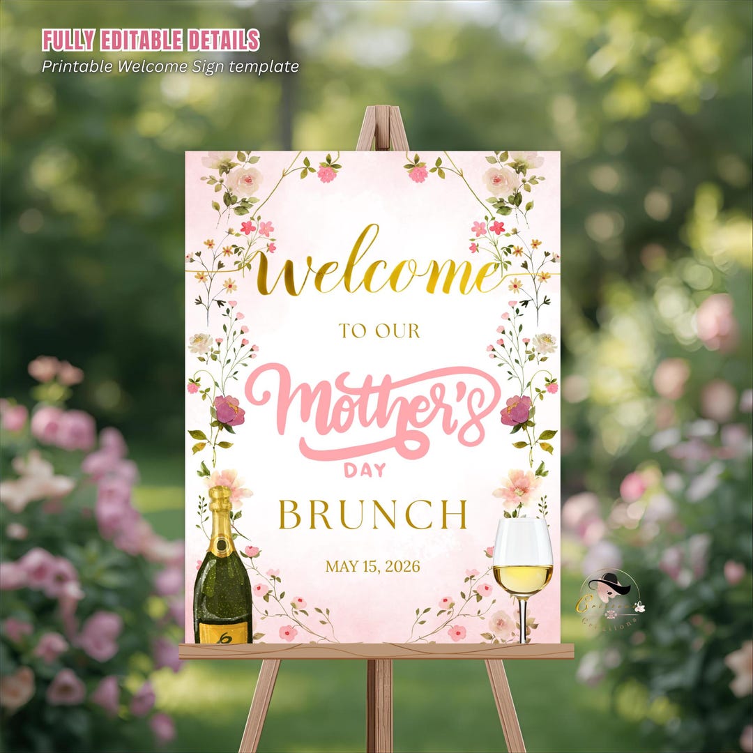 Floral Mothers Day Welcome Party Sign, Brunch and Bubbly Sign for Mom ...