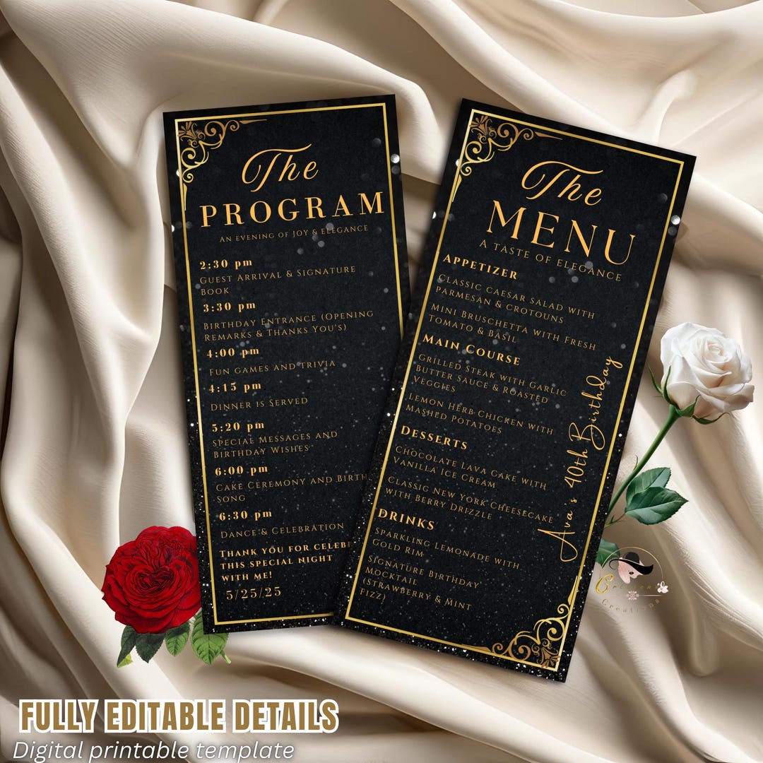 Editable Menu and Program Template Black Gold Birthday Party Menu ...