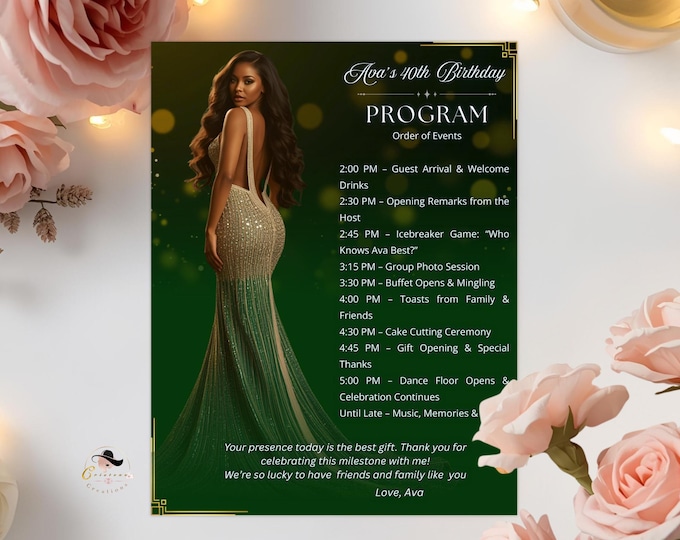 Editable Modern Green Gold Menu and Event Program Card Template, Thank ...