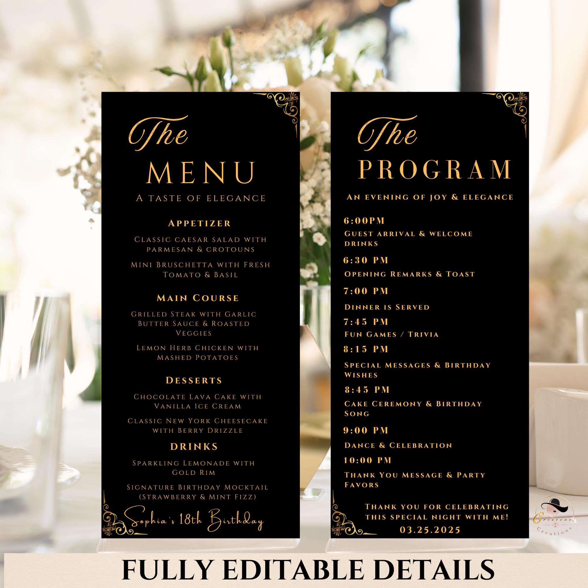 Editable Menu and Program Template, Wedding Menu, Birthday Party Menu ...