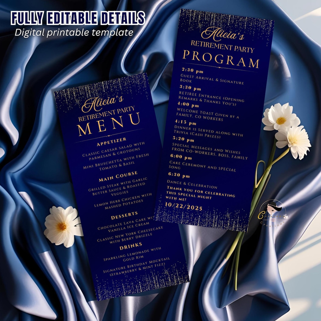 Retirement Menu and Program Template Navy Blue Birthday Party Menu ...