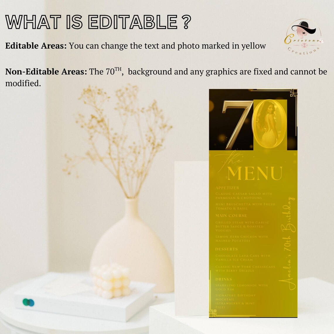 70th Birthday Party Menu Card, Black Gold Elegant Dinner Menu With ...