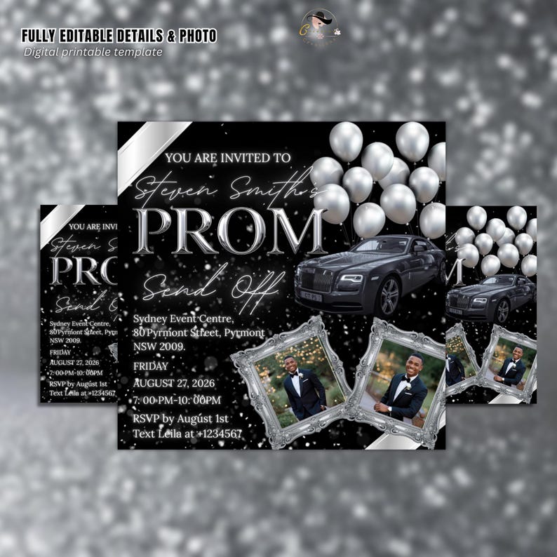 Black Silver Prom Send off Invitation, Men Prom Night With Photo Invite ...