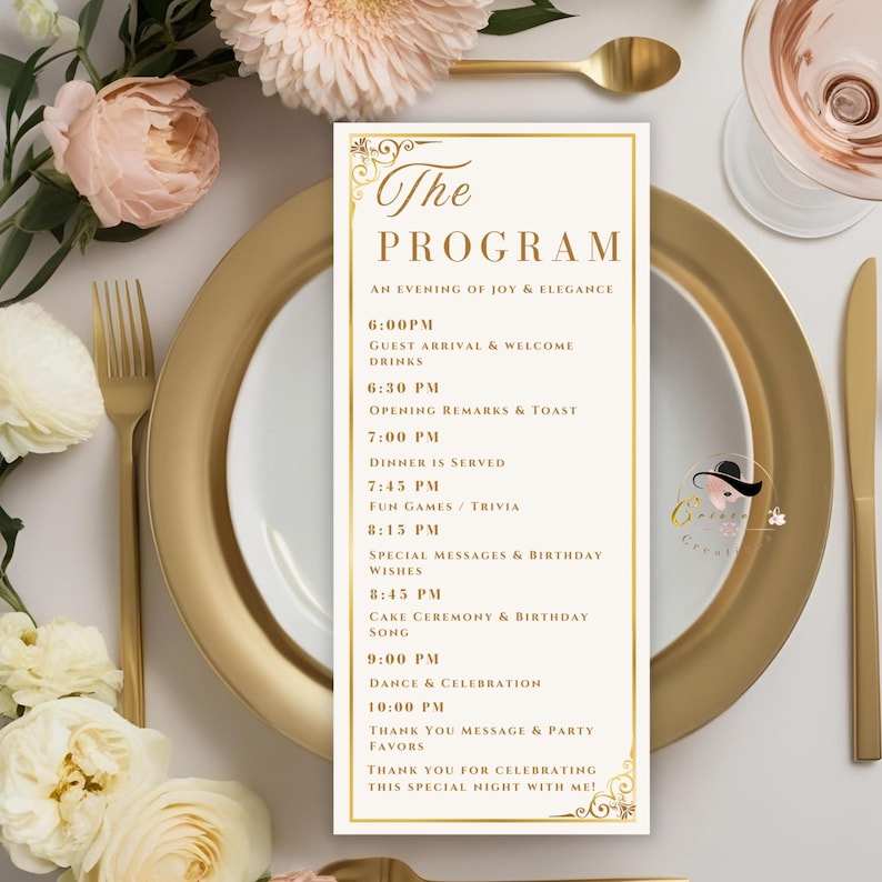 White Gold Menu and Program Template, Birthday Party Menu Cards Digital ...