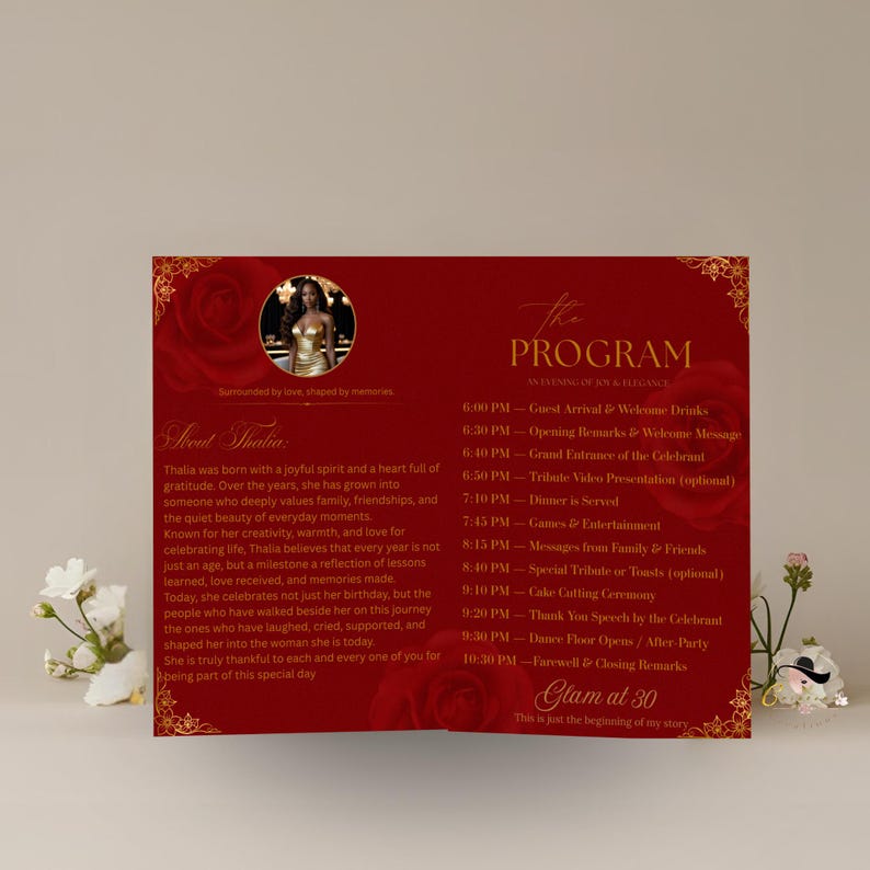 Editable Program Template Red Gold Bifold Birthday Program Card With ...