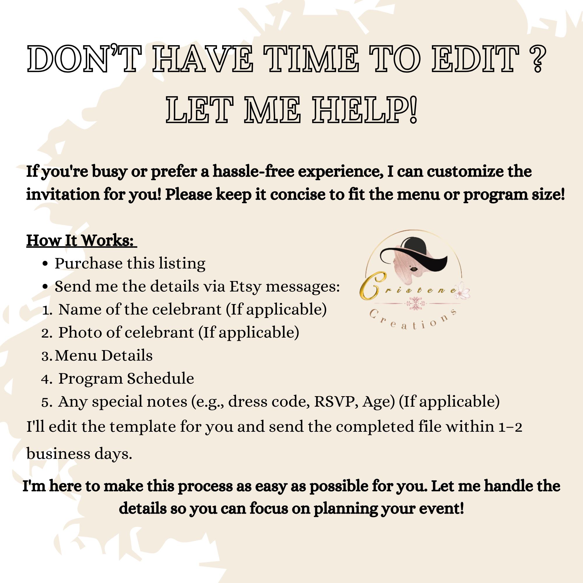 White Gold Menu and Program Template, Birthday Party Menu Cards Digital ...