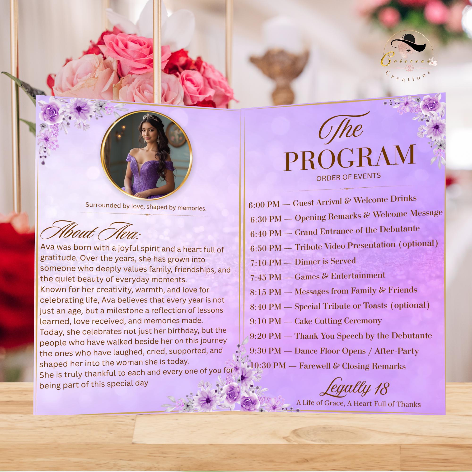 Purple Program Template Birthday Party Program Card Bifold Quinceanera ...