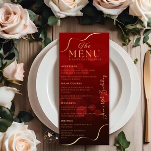 Menu and Program Template Red Gold Birthday Dinner Menu Cards Printable ...