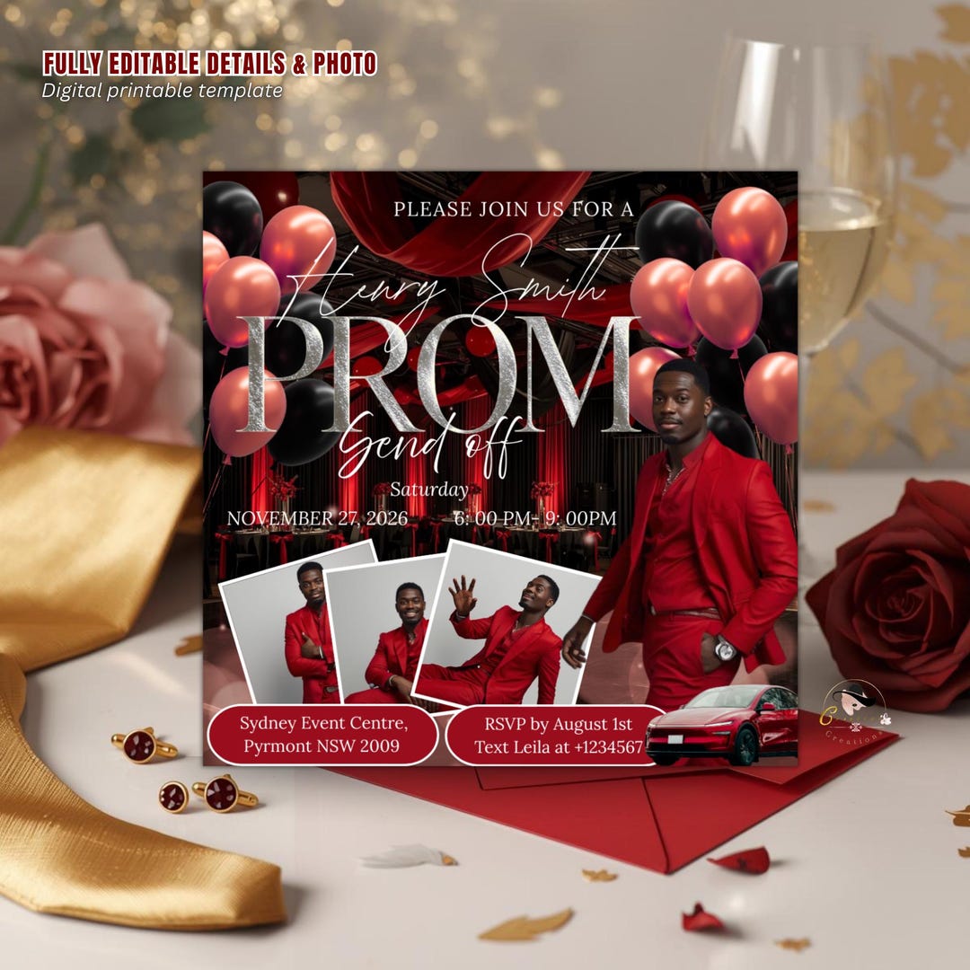 Black Red Prom Send off Invitation With Photo, Men Prom Night Invite ...