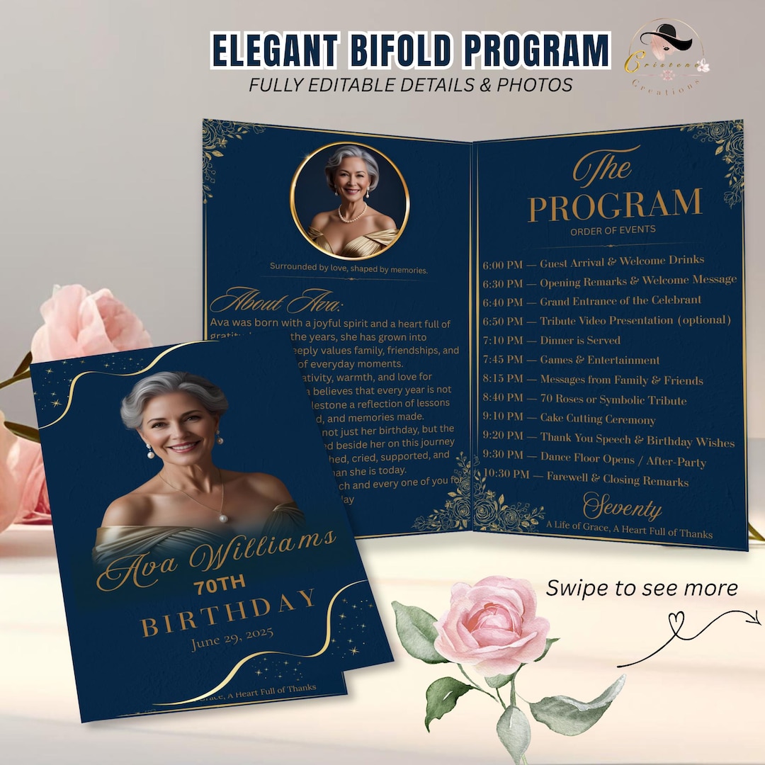 Editable Program Template Bifold 70th Birthday Party Program Card ...