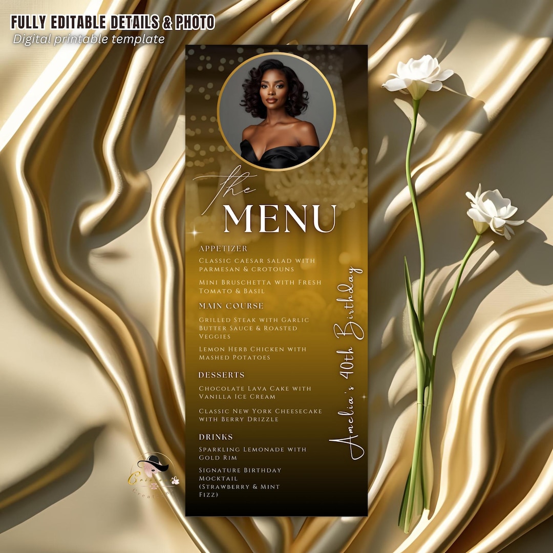 Editable Birthday Dinner Menu Template Black Gold Party Menu With Photo ...