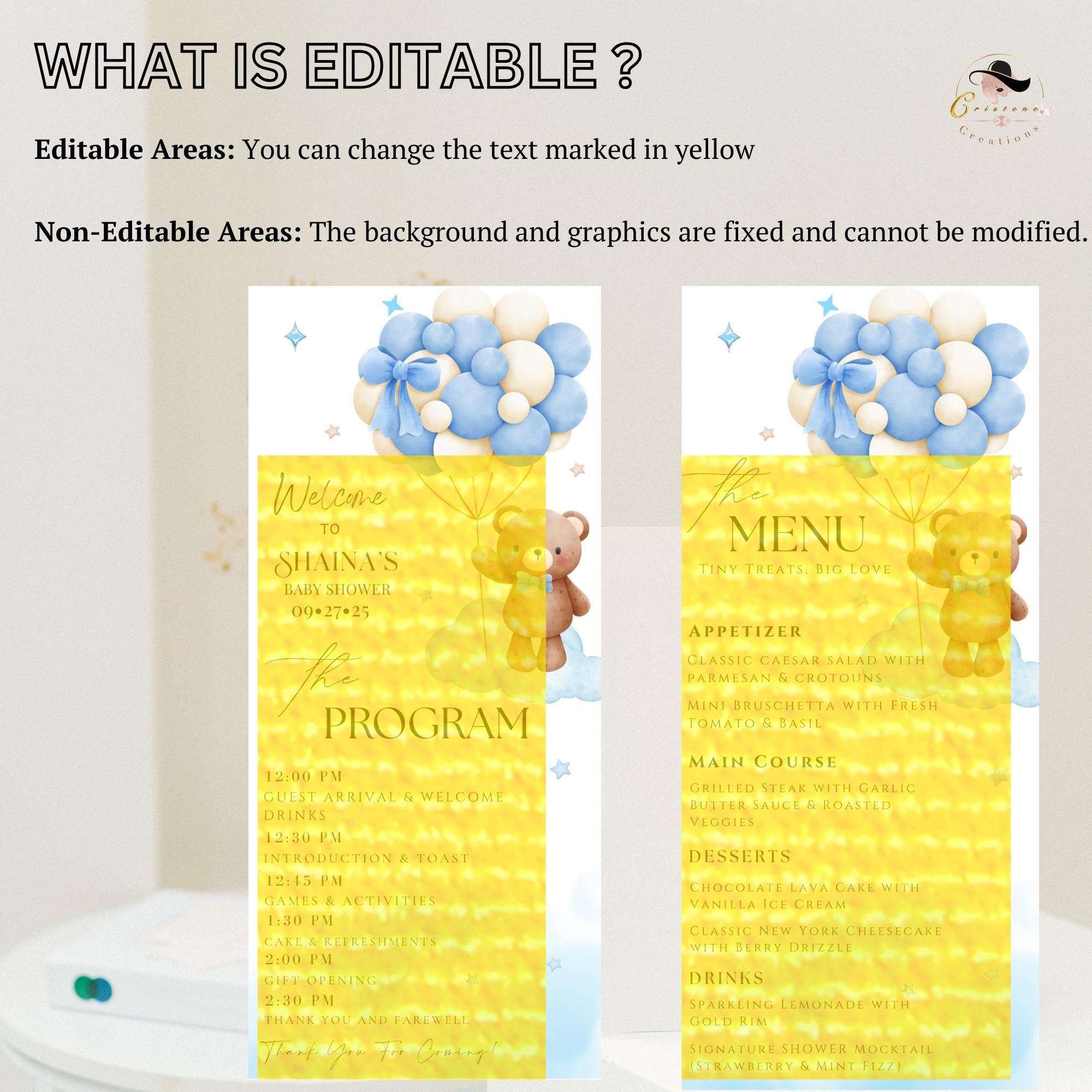Editable Baby Shower Menu and Program Template, Teddy Bear Party Shower ...