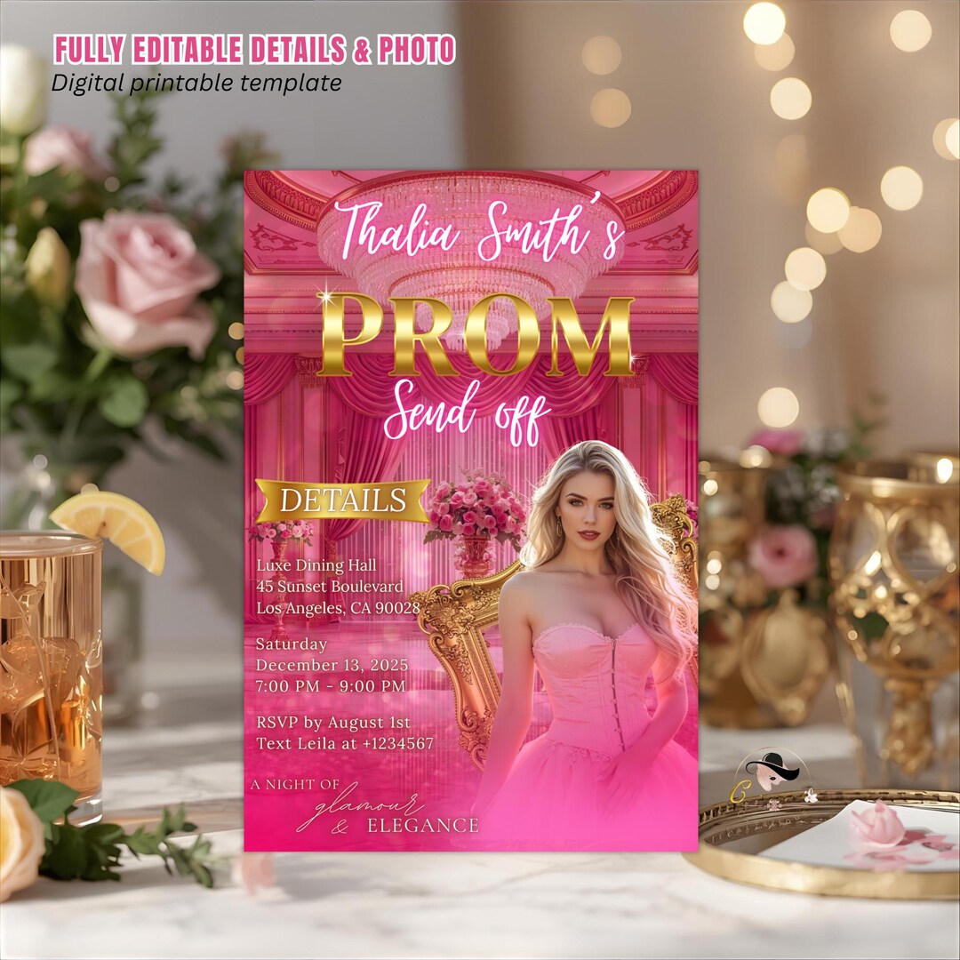 Pink Prom Send off Invitation, Prom Queen With Photo Invite, Girl High ...