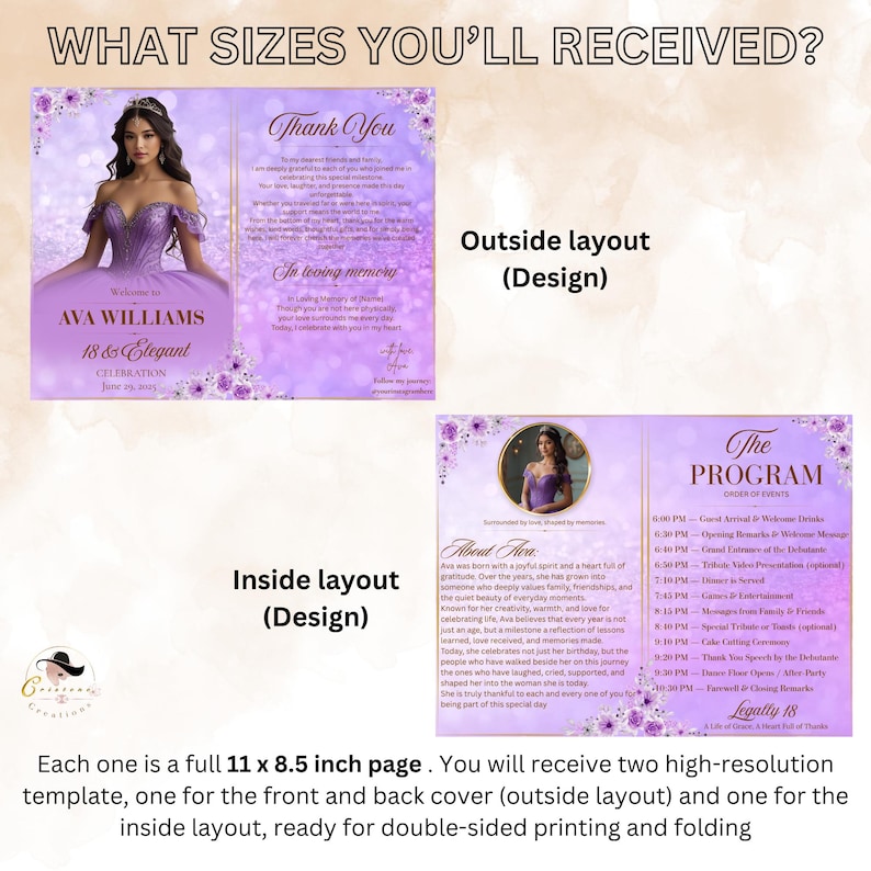 Purple Program Template Birthday Party Program Card Bifold Quinceanera ...
