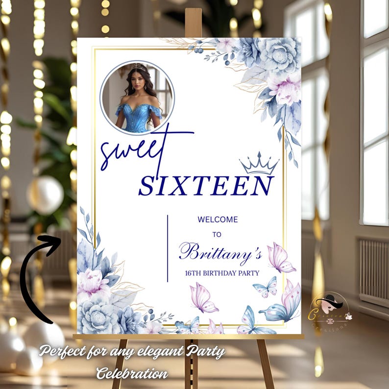 Editable Sweet 16 Party Welcome Sign With Photo Blue Floral 16th ...