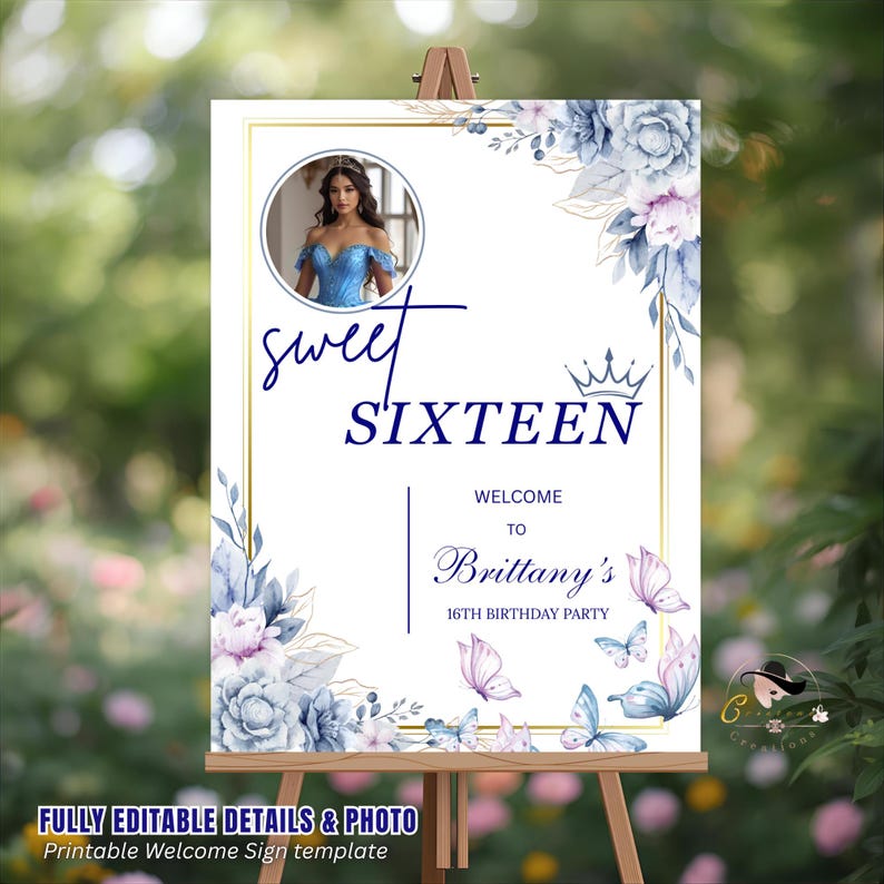 Editable Sweet 16 Party Welcome Sign With Photo Blue Floral 16th ...