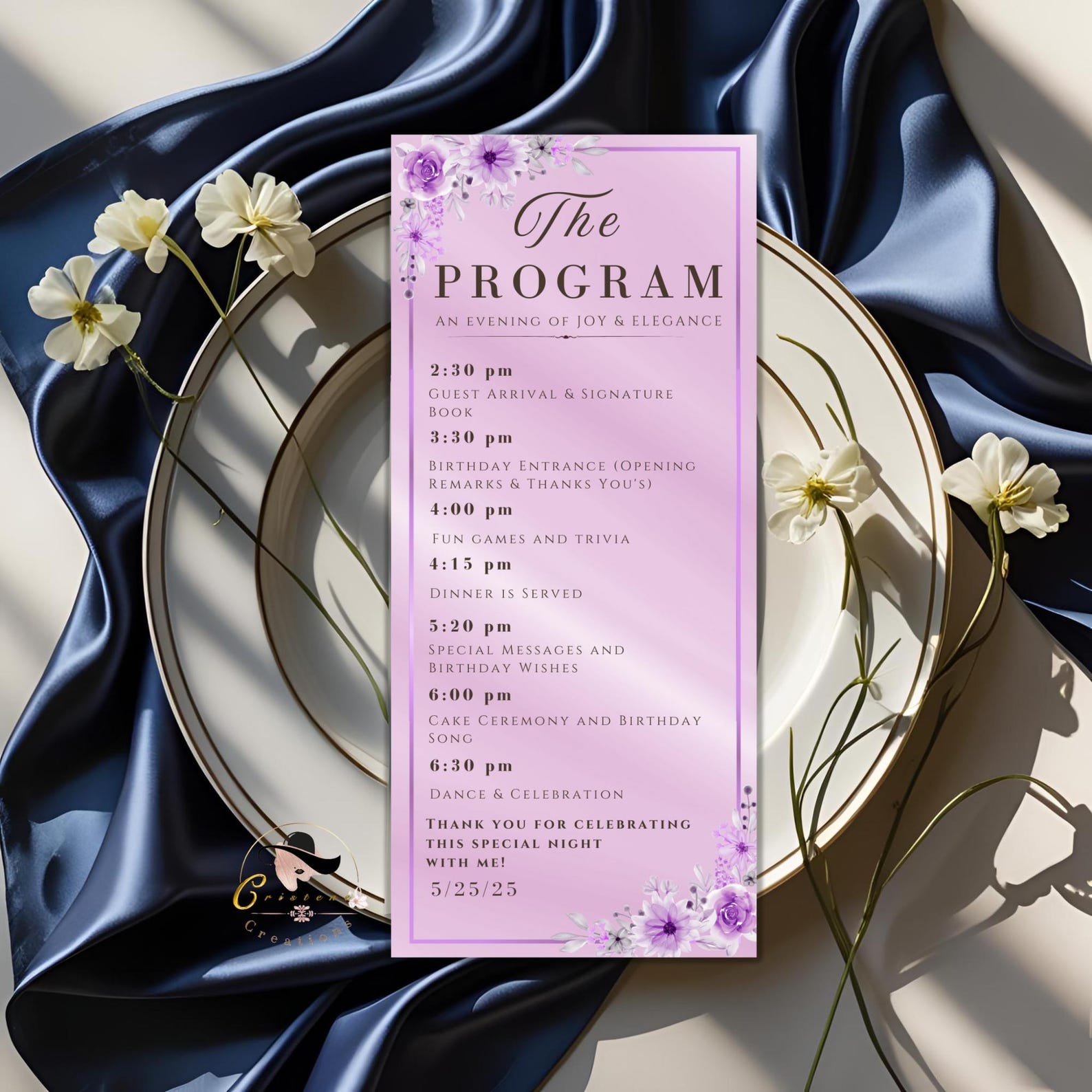 Purple Menu and Program Template Birthday Party Menu Dinner, Retirement ...