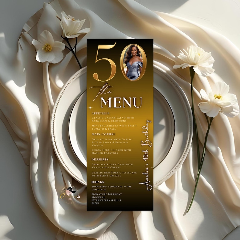 50th Birthday Dinner Menu Template, Elegant Party Menu, Black Gold Menu ...