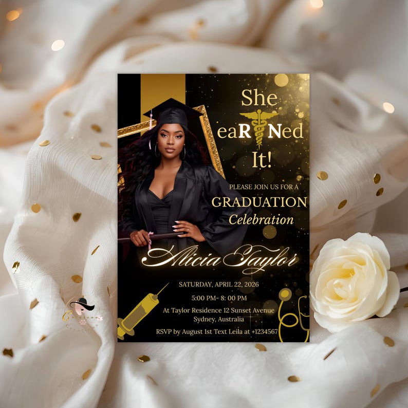 Digital Nurse Graduation Invitation With Photo, Black Gold RN ...