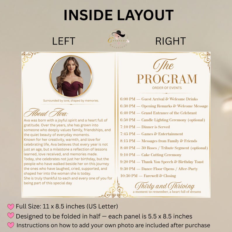 White Gold Birthday Program Card Template, Bifold Retirement Party ...