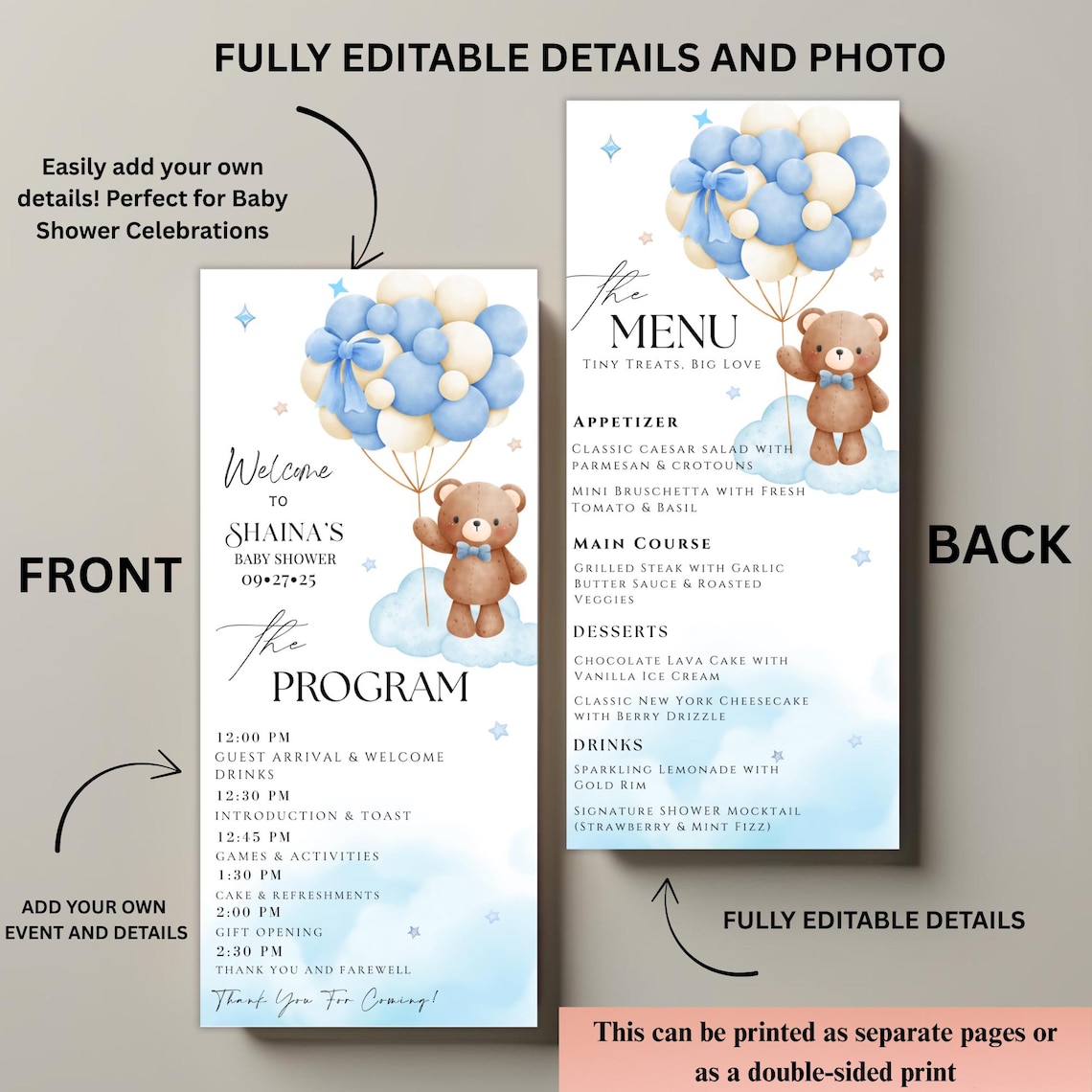 Editable Baby Shower Menu and Program Template, Teddy Bear Party Shower ...