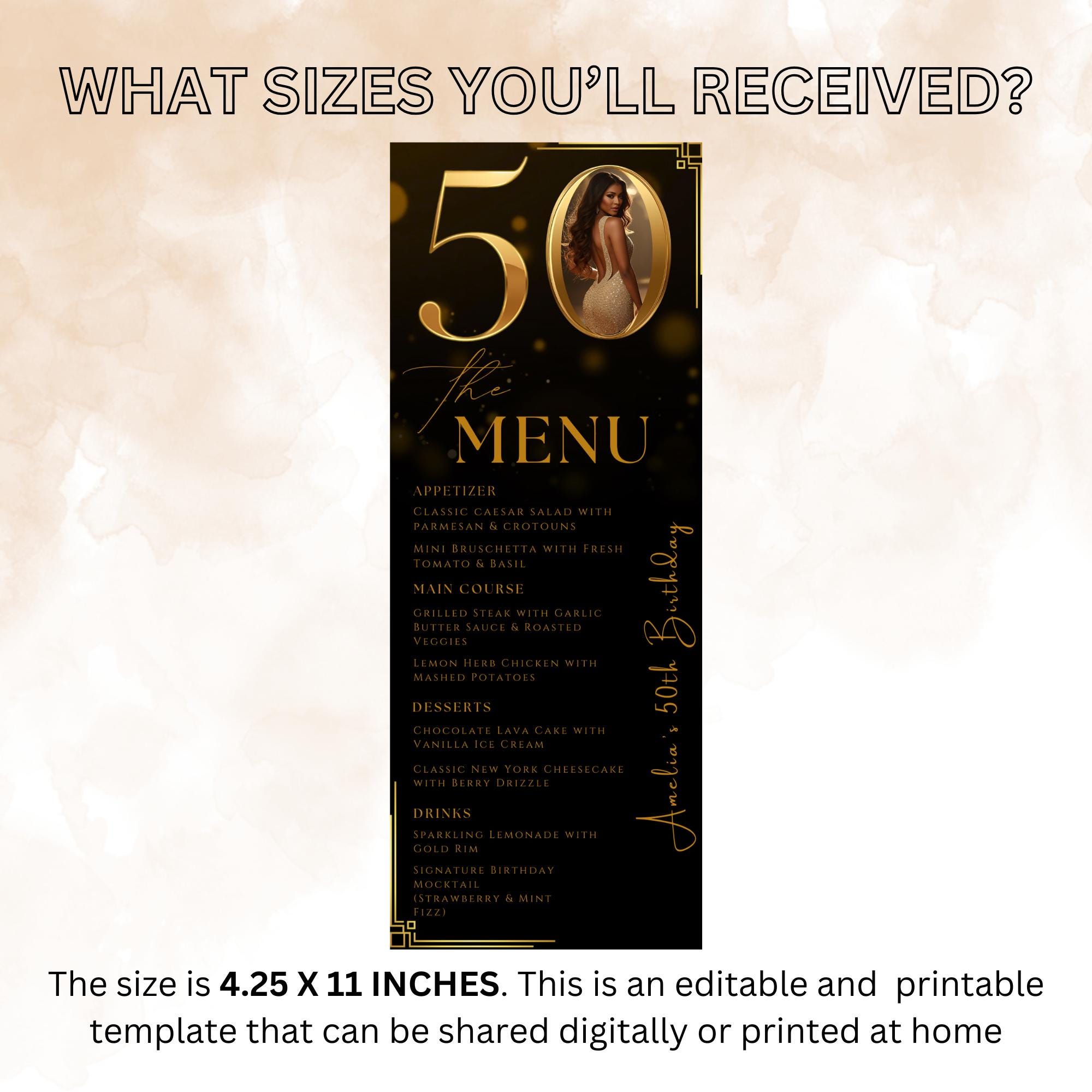 Editable 50th Birthday Dinner Menu Card, Black Golden Anniversary Menu ...