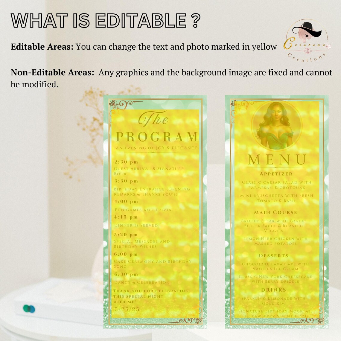 Menu and Program Template Green Gold Birthday Party Menu Program Cards ...