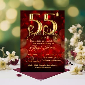 Red and Gold 55th Birthday Invitation, Elegant Dinner Party (digital ...