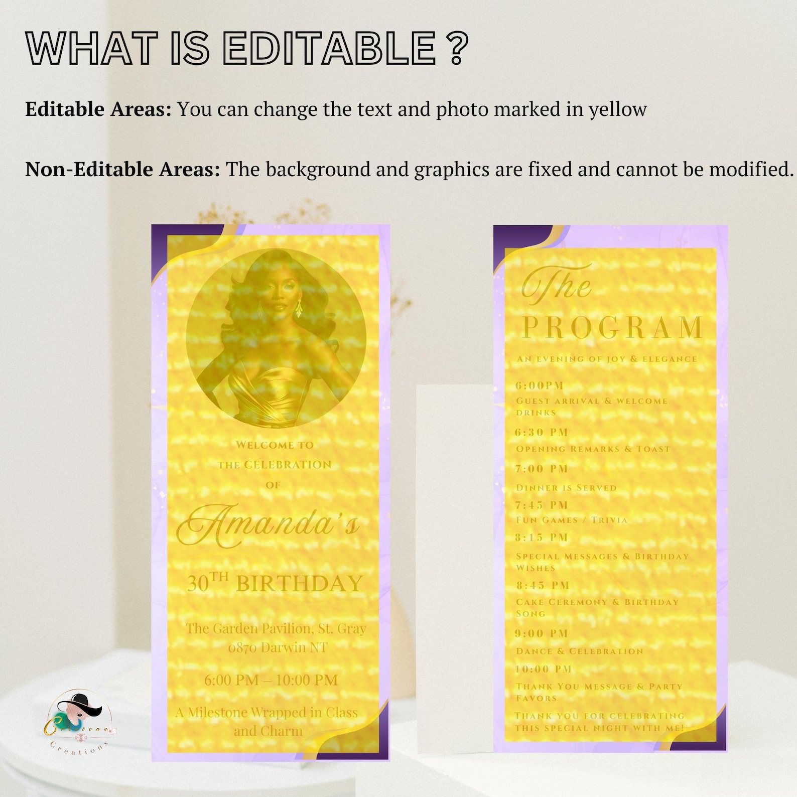 Editable Program Card Template, Purple Birthday Party Program, Formal ...