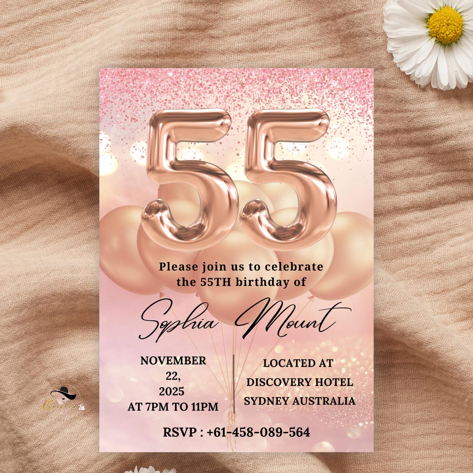 Digital 55th Birthday Invitation for Women, Pink Rose Gold 55th ...