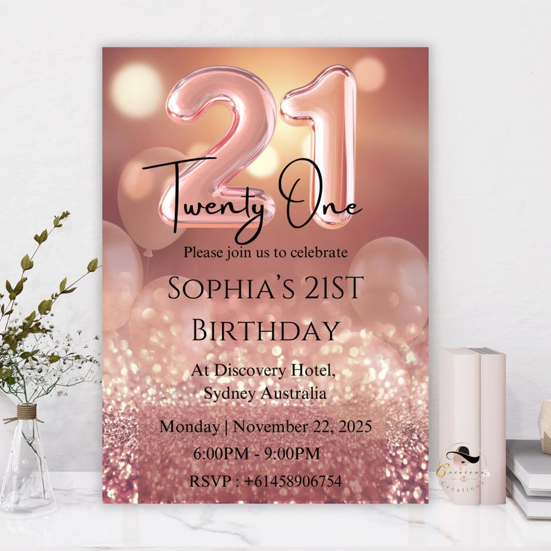 Rose Gold 21st Birthday Invitation Girl, Pink Twenty One Birthday Party ...