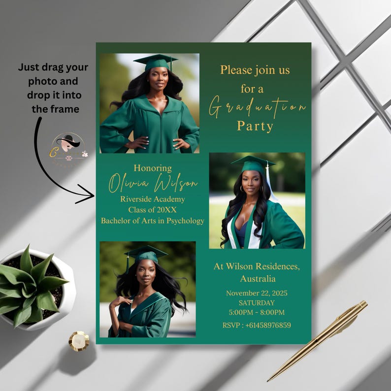 Digital Graduation Announcement Invitation Green Gold 2026 Senior ...