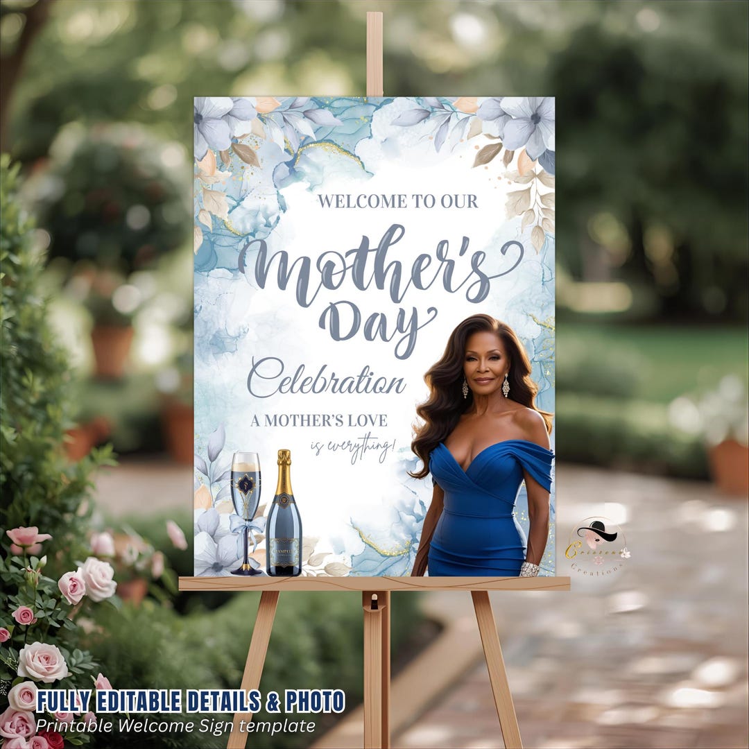 Blue Floral Mothers Day Welcome Party Sign, Mom Brunch Sign With Photo ...