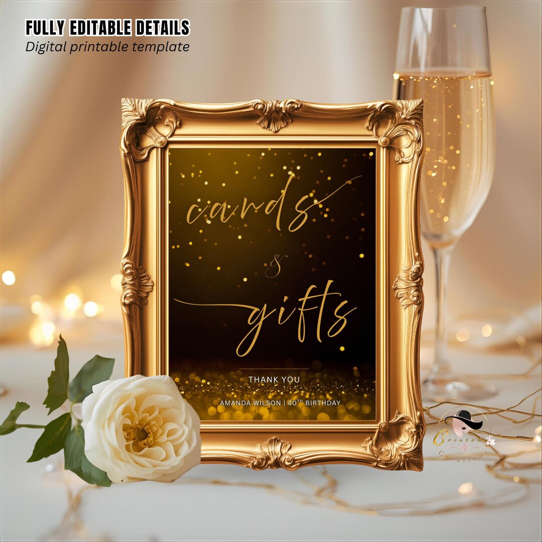Editable Cards and Gift Sign Template Black Gold Birthday Gift Table ...